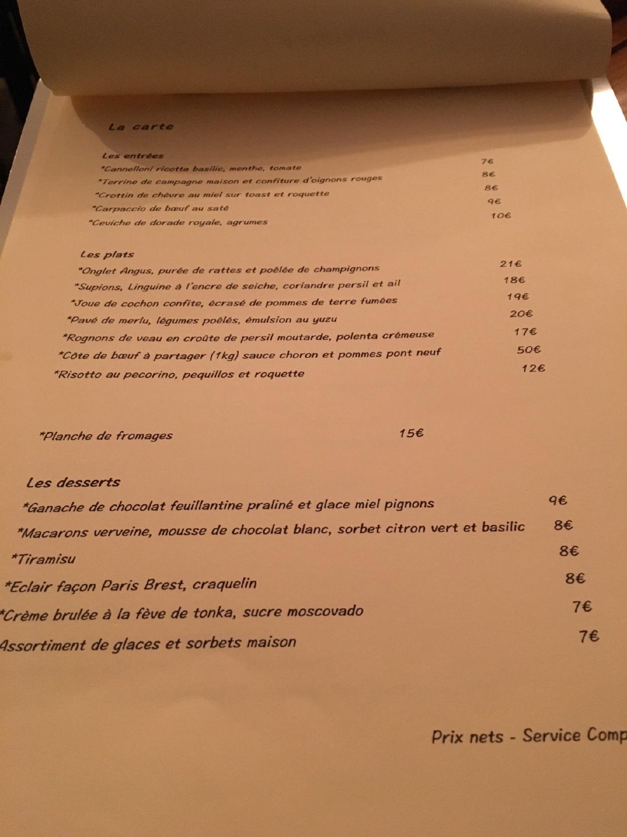 Menu at Le Coude Fou pub & bar, Paris