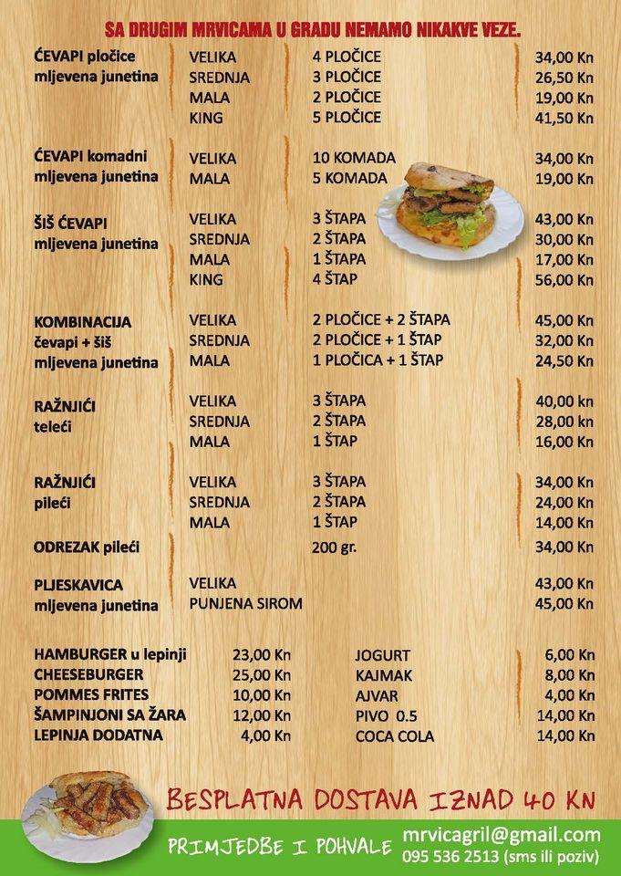 Menu at Mrvica Grill restaurant, Zagreb, Ul. kneza Branimira 67