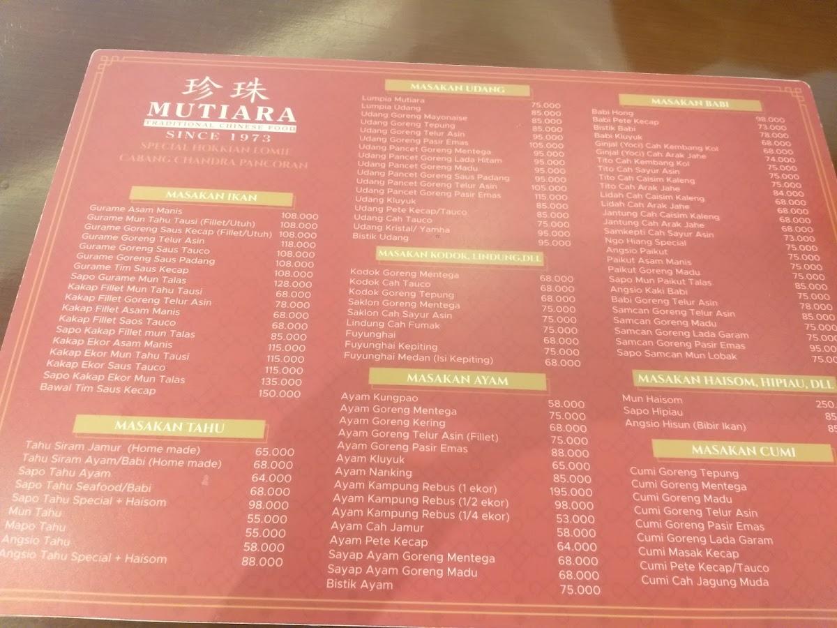Menu at Mutiara - Traditional Chinese Food restaurant, West Jakarta