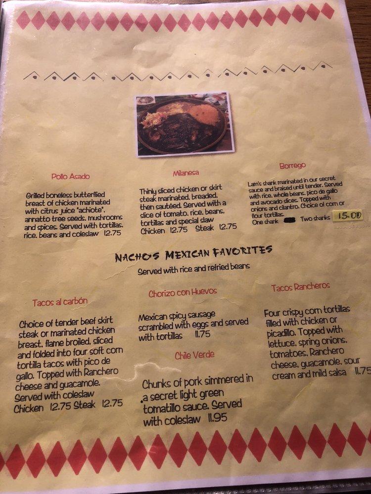 Menu at Nacho's Mexican Restaurant, Mossyrock