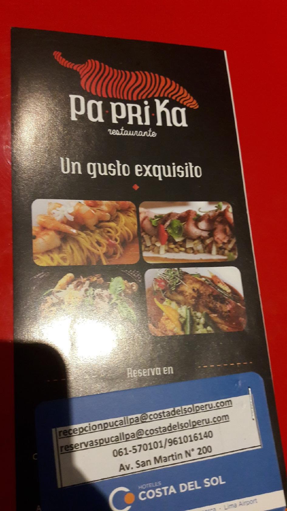 Carta del restaurante Paprika, Pucallpa
