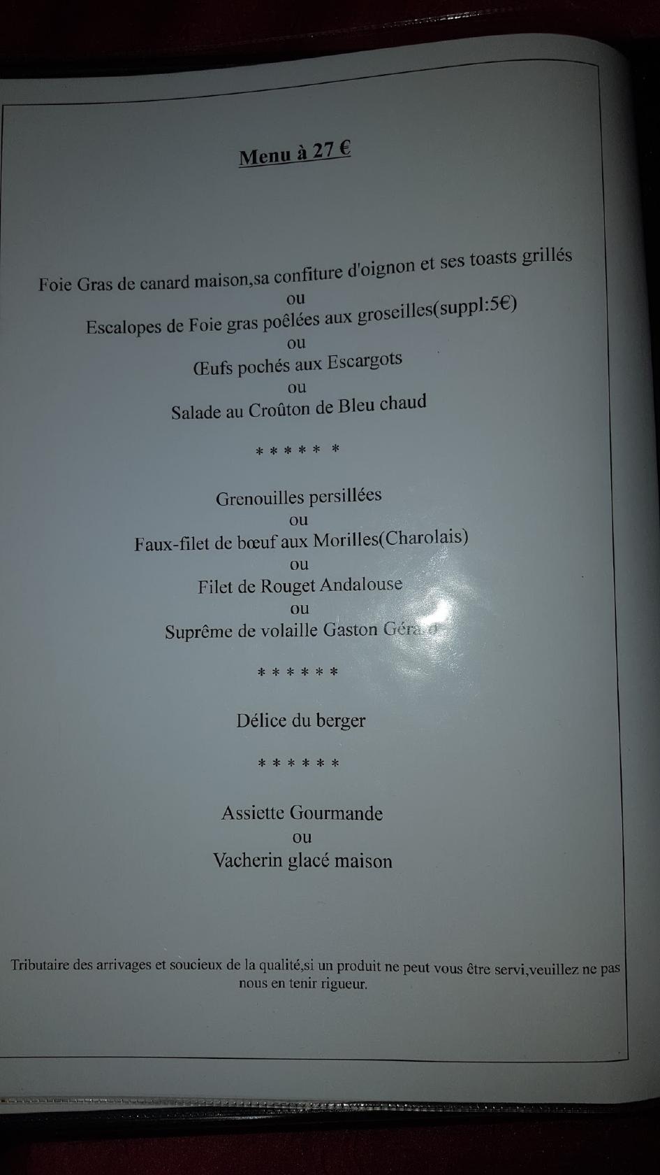 Menu au Restaurant Le Sportif, Lentigny