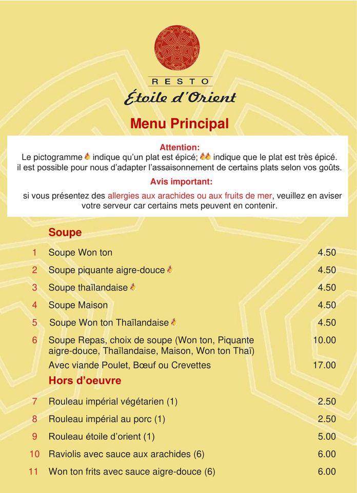 Menu au Resto Etoile D'Orient restaurant, Saint-Hyacinthe