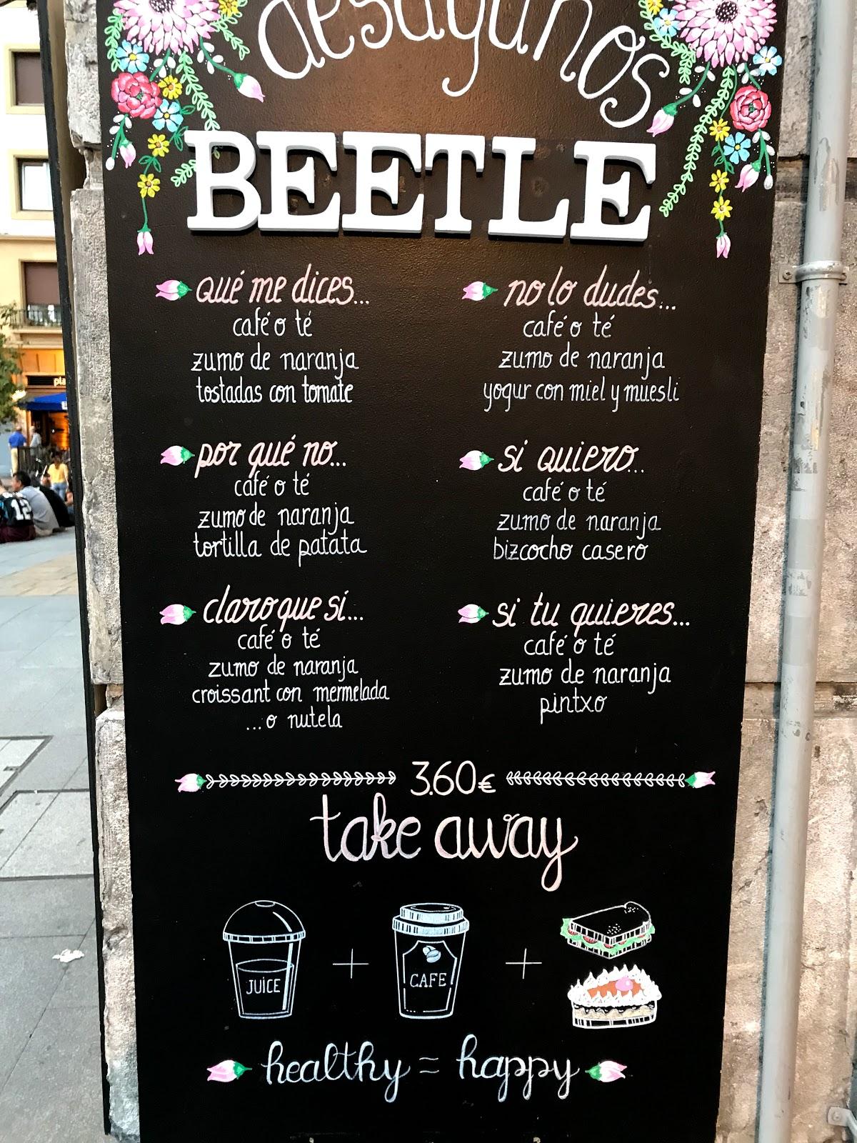 Menu at The Beetle Bar, Bilbao