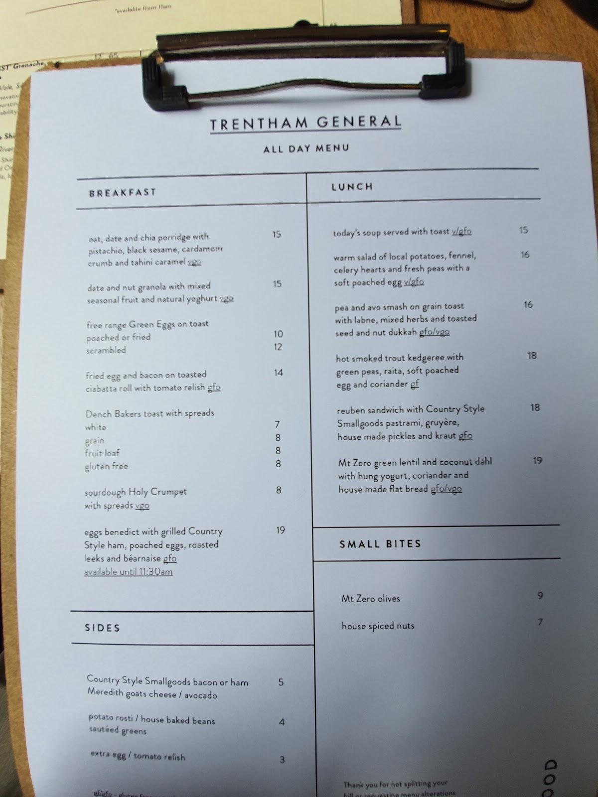 Menu at Trentham General cafe, Trentham