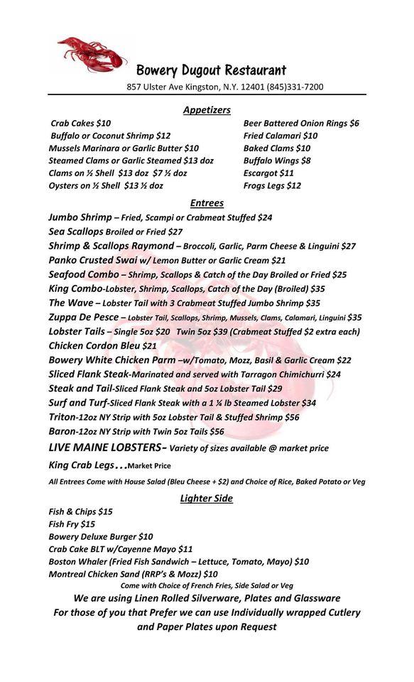 Menu at Bowery Dugout steakhouse, Kingston
