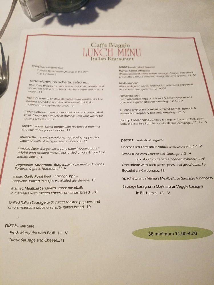 Menu at Caffe Biaggio restaurant, Saint Paul