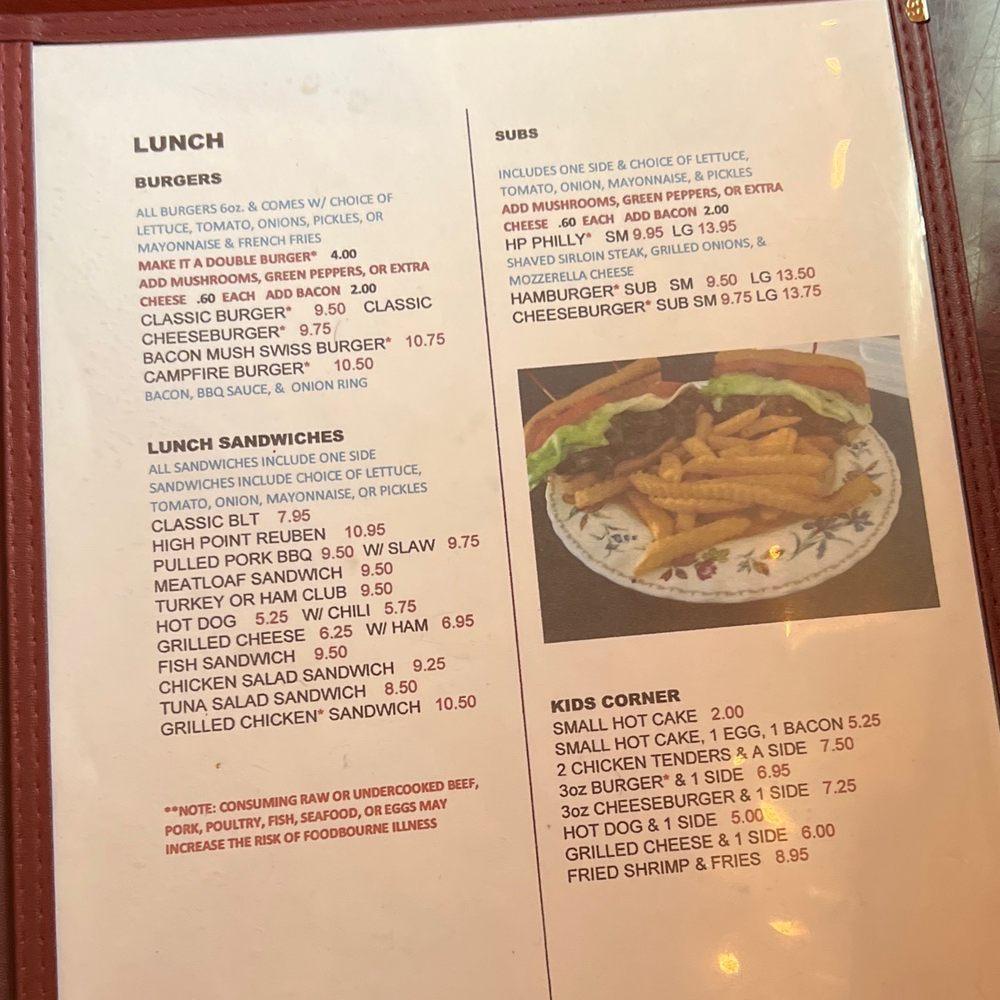 Menu at High Point Diner restaurant, Stephens City