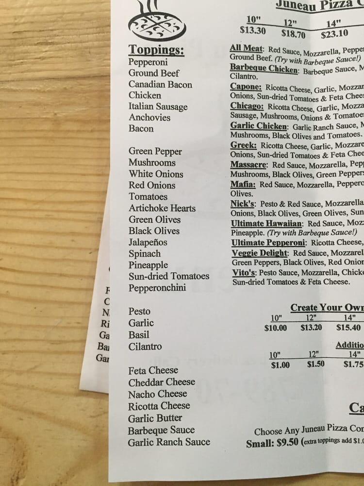 Menu at Juneau Pizza pizzeria, Juneau