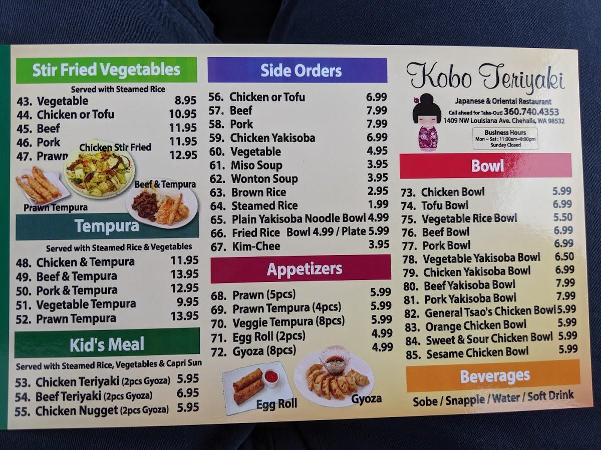 Menu at Kobo Teriyaki restaurant, Chehalis
