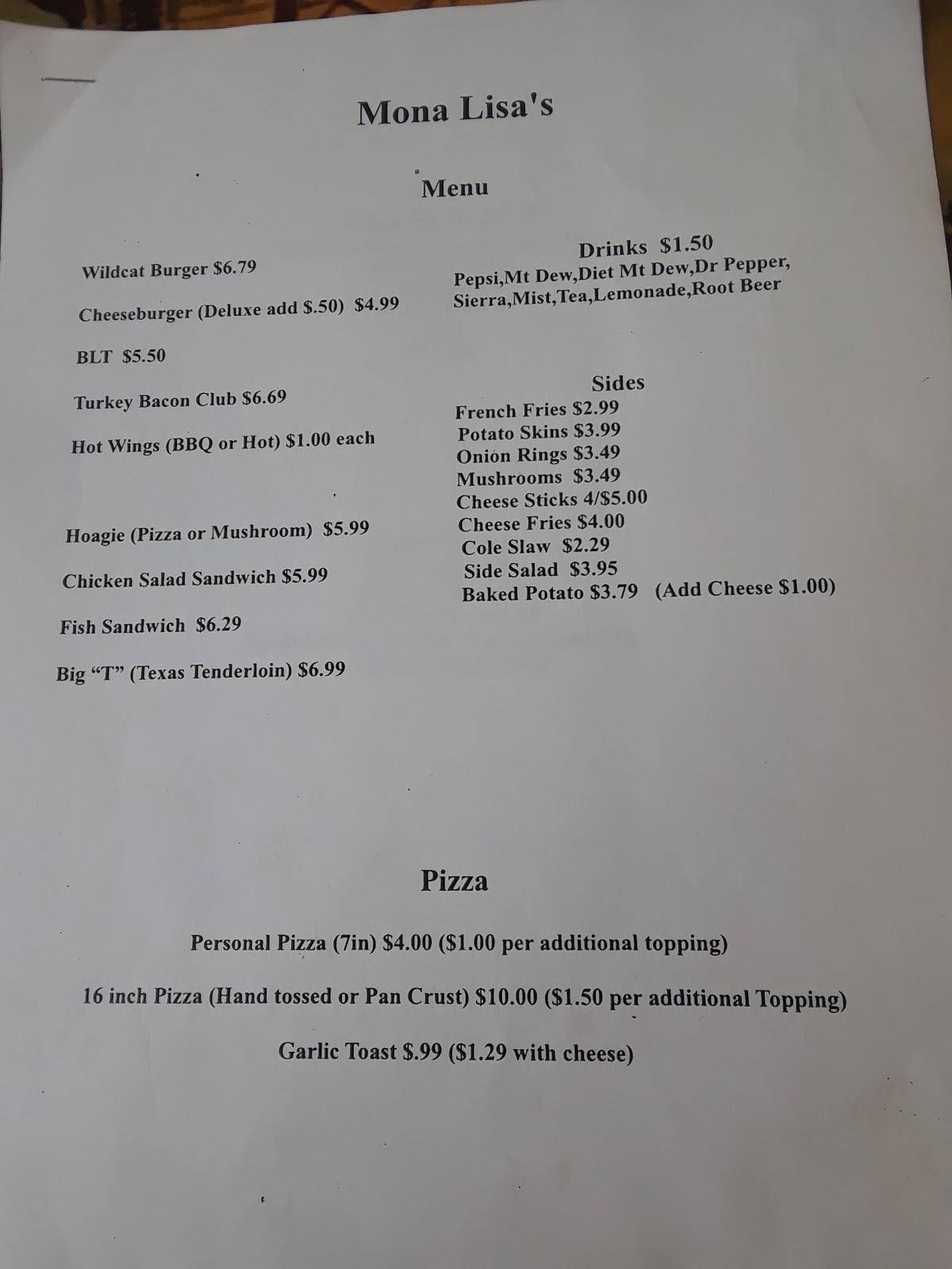 Menu at Mona Lisa's Restaurant, Mowrystown