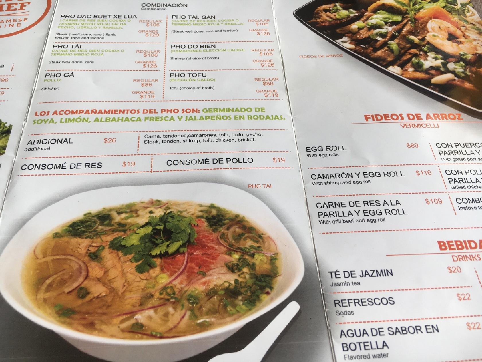 Menu at Pho Chef restaurant, Guadalajara