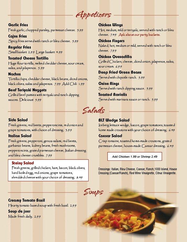 Menu at Steiny's Family Sports Grill pizzeria, Ogden