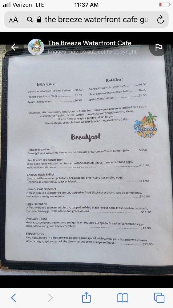 Menu at The Breeze Waterfront Cafe, Gulfport