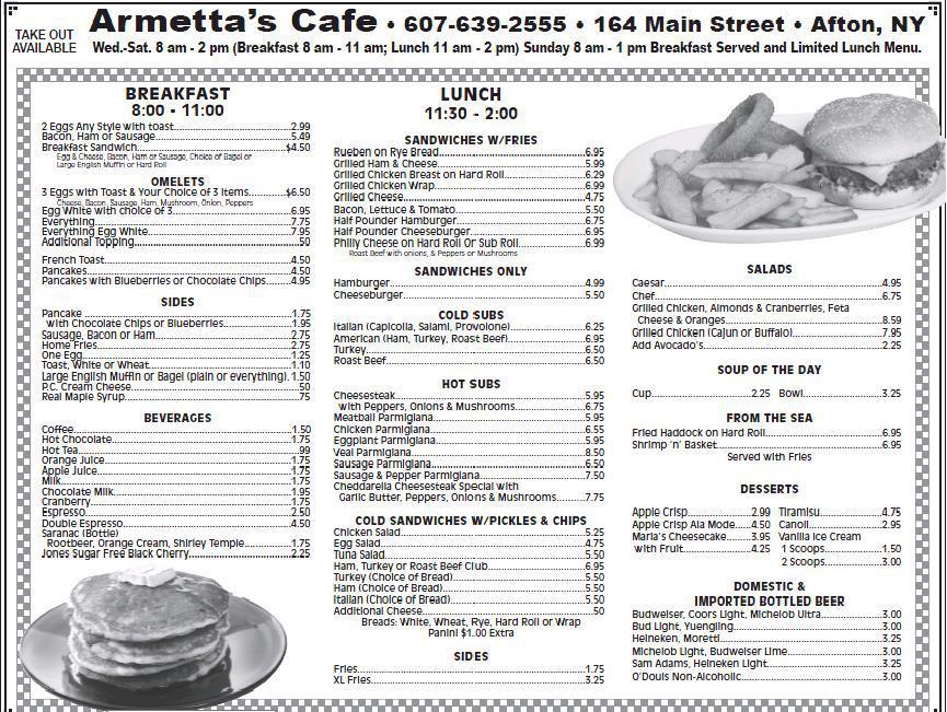 Menu at Armetta's Cafe, Afton