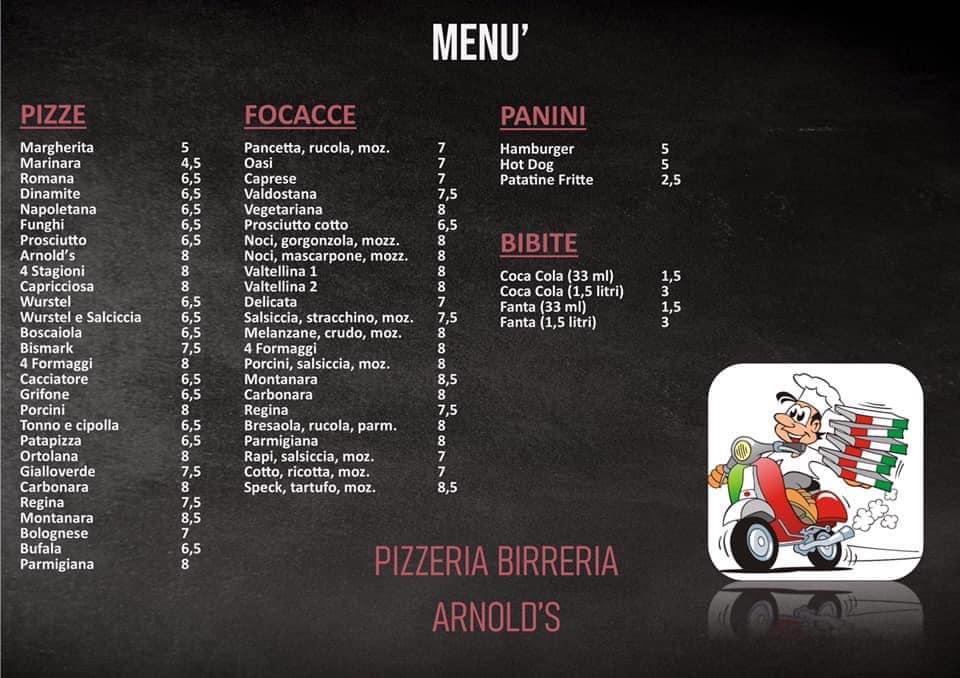 Menu at Arnold's pizzeria, Grosseto