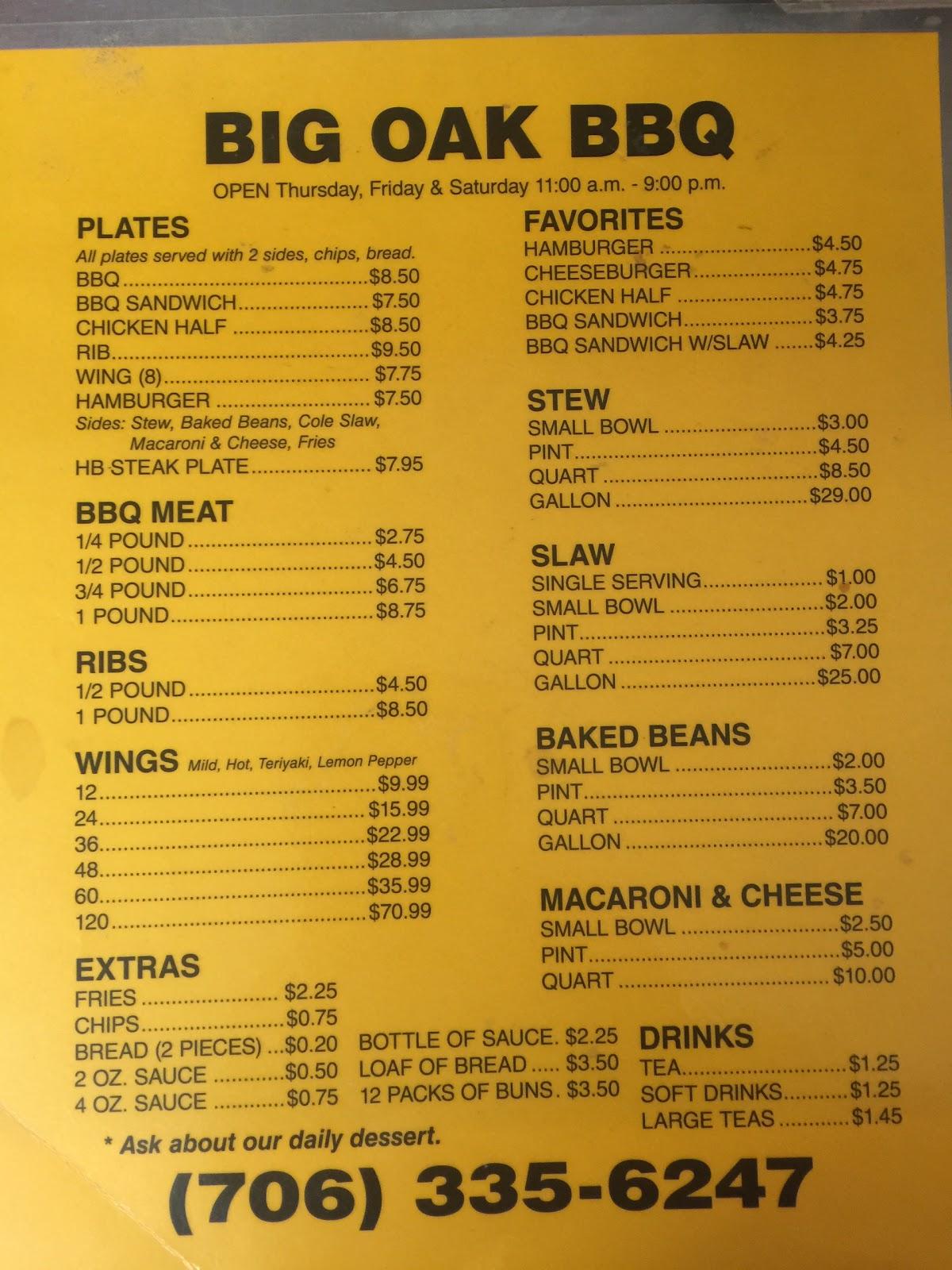 Menu at Big Oak BBQ, Commerce