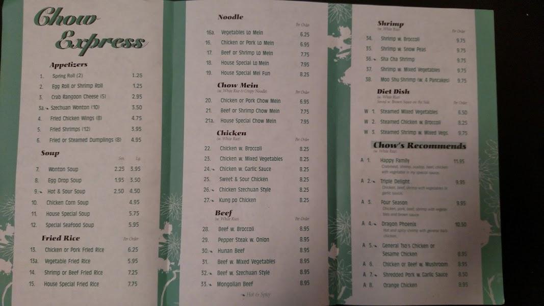 Menu at Chow Express restaurant, Indianapolis, Shadeland Ave