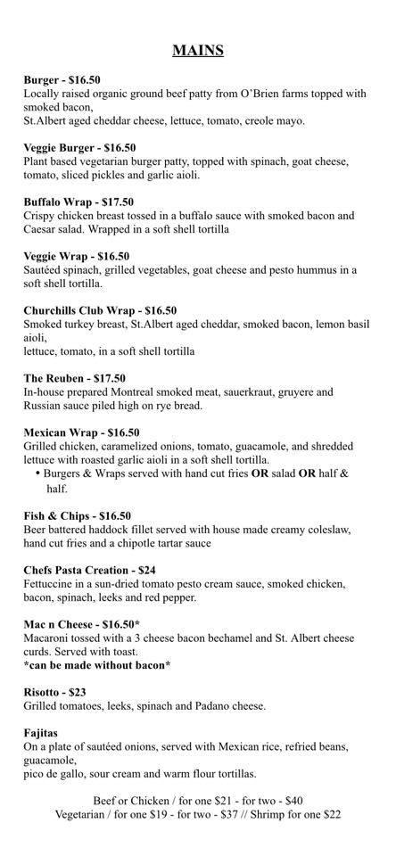 Menu at Churchills pub & bar, Ottawa