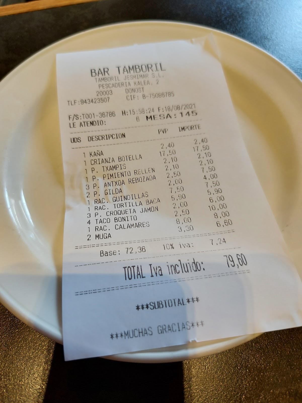 Menu at El Tamboril pub & bar, San Sebastián