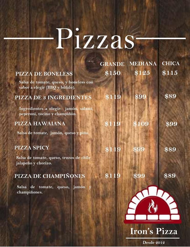 Menu at Iron's Pizza. restaurant, Campeche