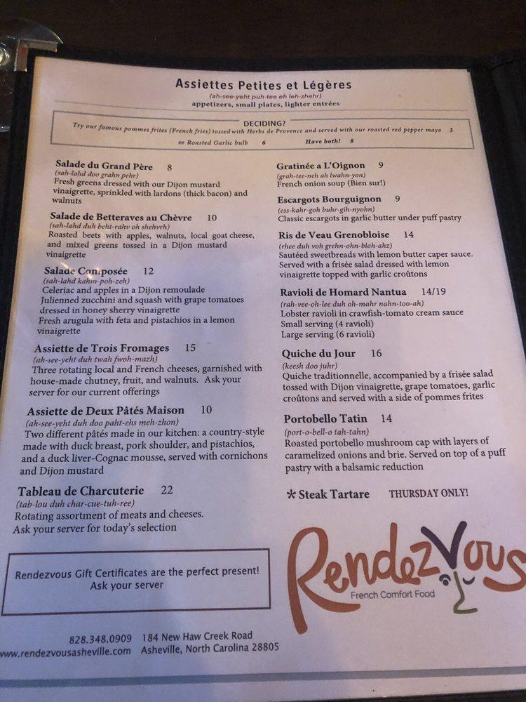 Menu at Rendezvous restaurant, Asheville