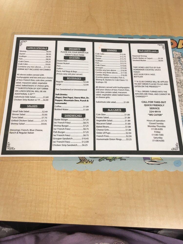 Menu at Shell Oyster Bar, Tallahassee