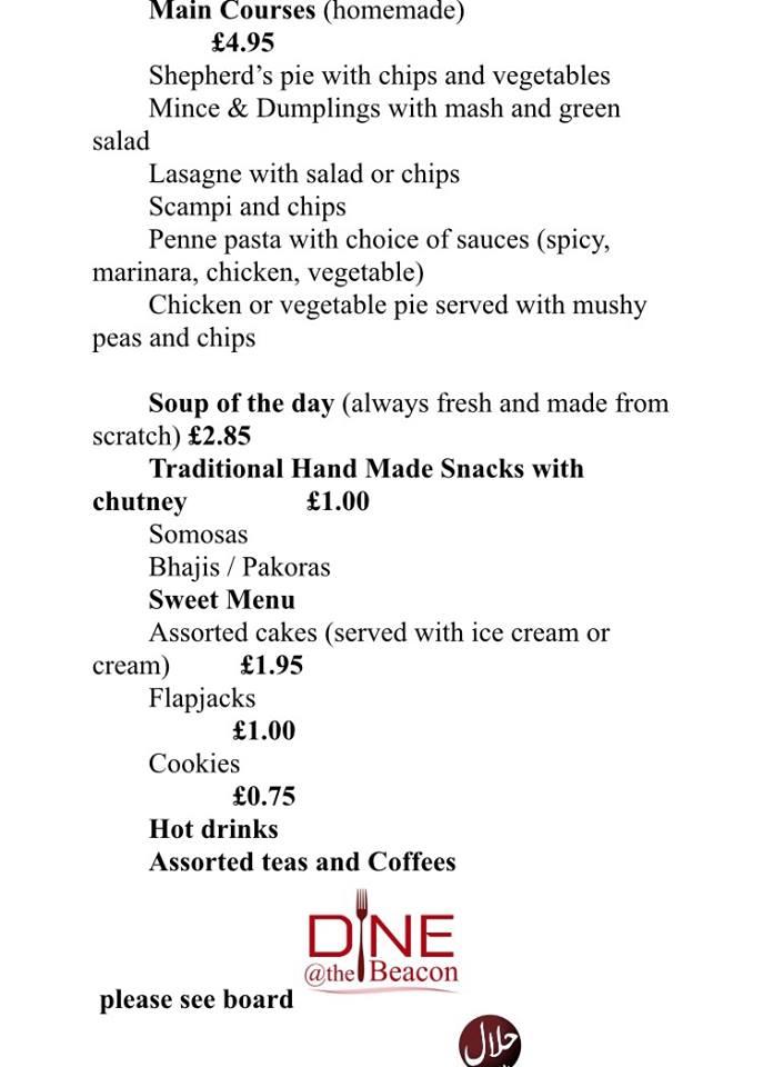 Menu at The Beacon cafe, Newcastle upon Tyne