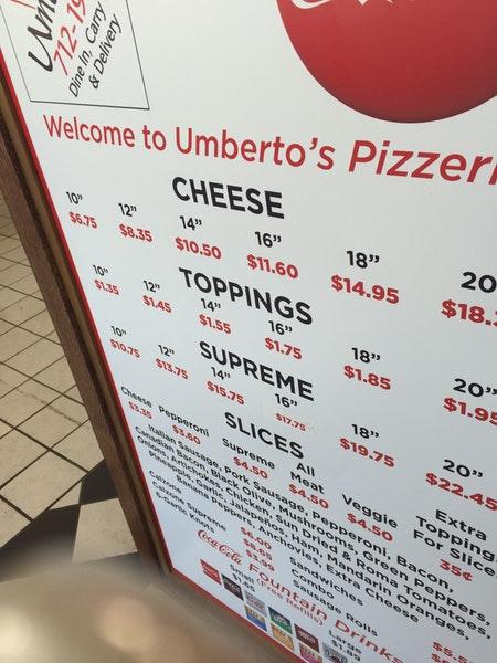 Menu at Umberto's pizzeria, Tulsa, S Harvard Ave