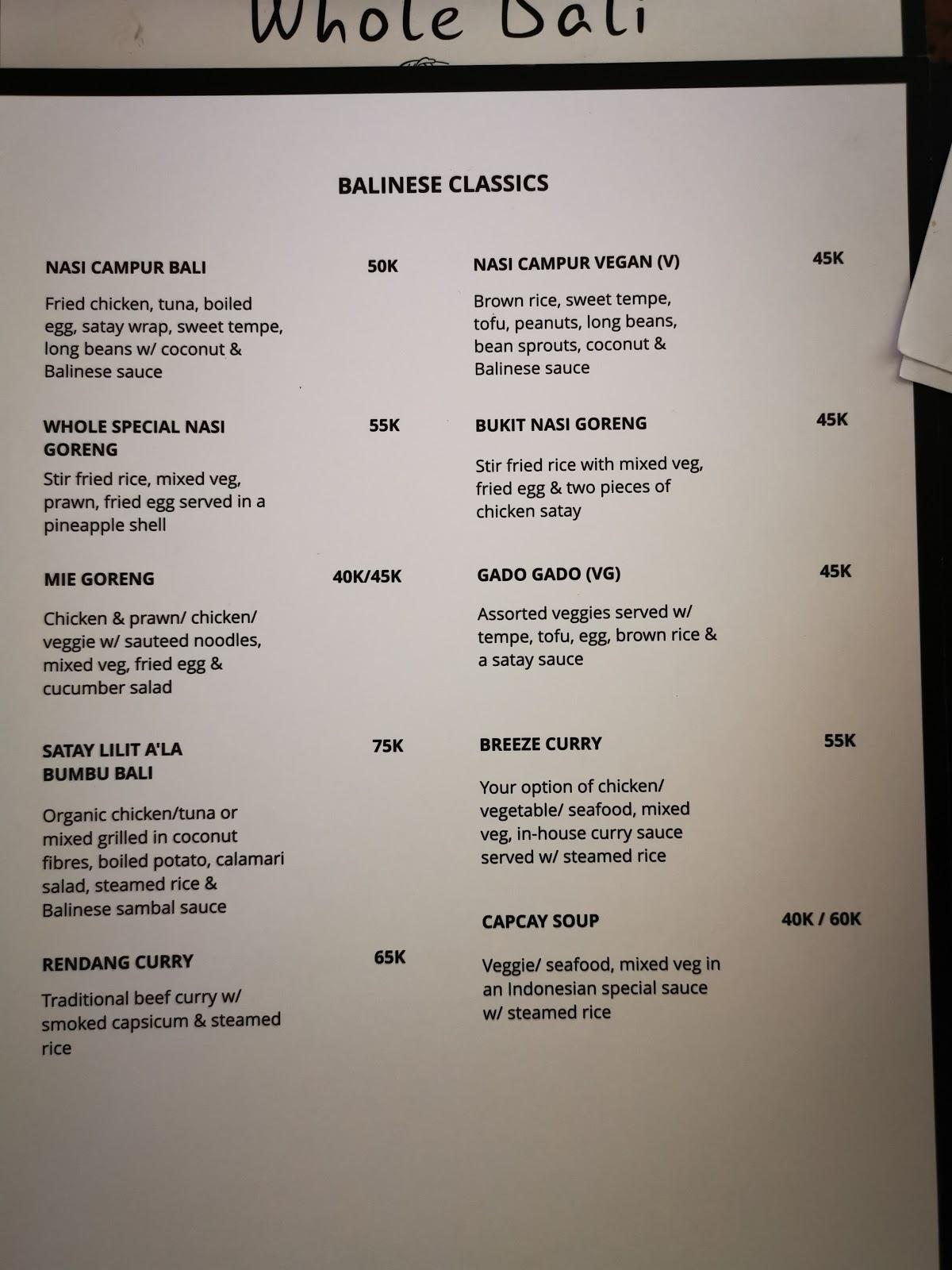 Menu at Whole Bali restaurant, Pecatu, Jl. Labuansait