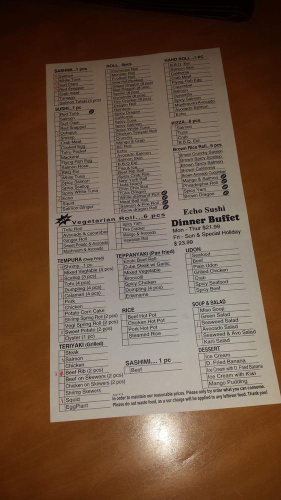 Menu at Echo Sushi restaurant, Toronto
