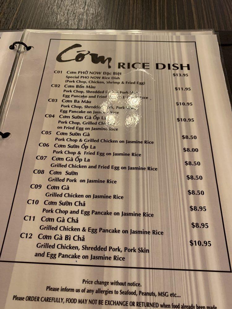 Menu at Pho Now restaurant, Toronto