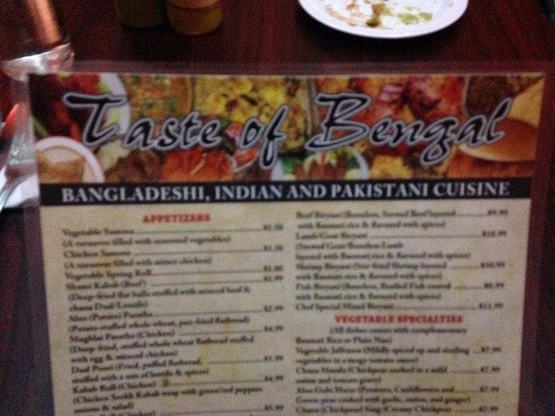 Menu at Taste of Bengal restaurant, New York City, 31st St
