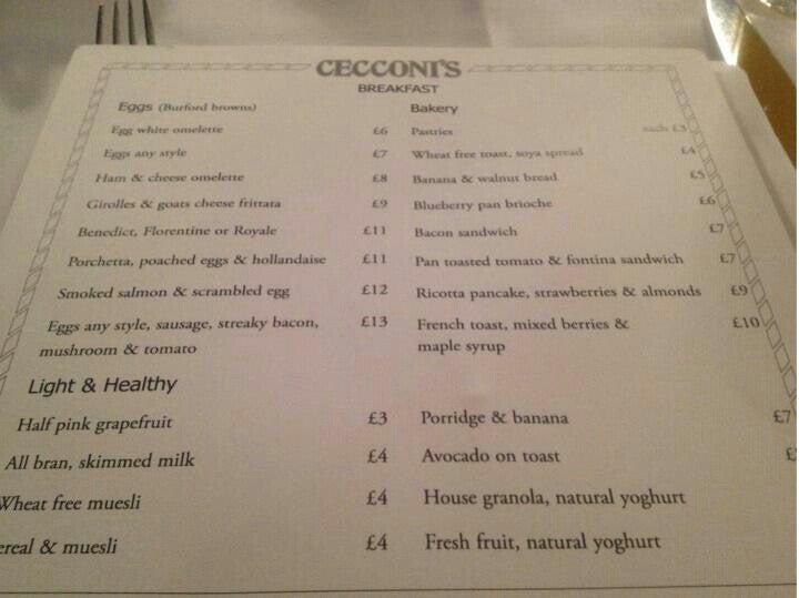 Menu at Cecconi's Mayfair restaurant, London, 5A Burlington Gardens