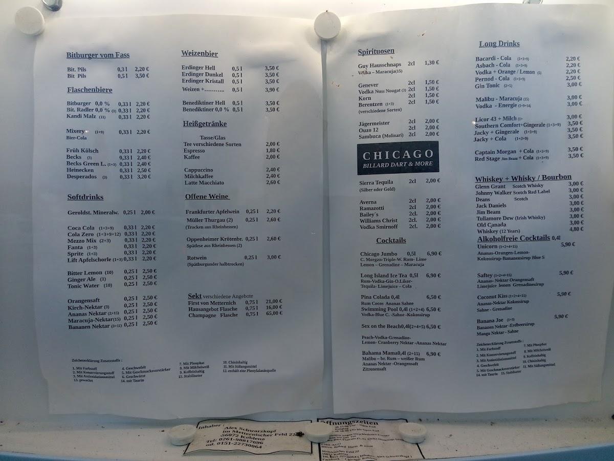 Menu at Chicago Billard Dart & more pub & bar, Koblenz, Im Metternicher ...