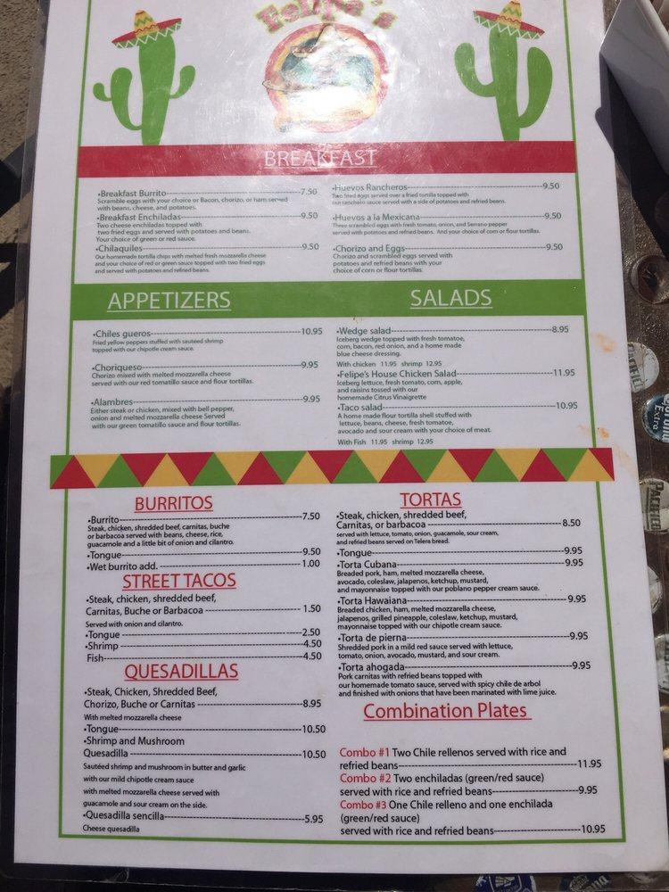 Menu at Felipe's Palm Springs restaurant, Palm Springs