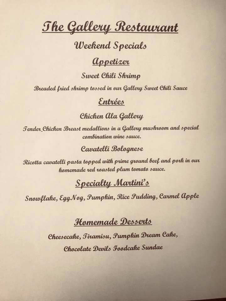 Menu at Gallery Restaurant, Pottsville