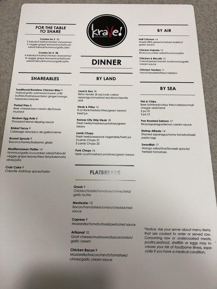 Menu at Krave restaurant, Lapeer