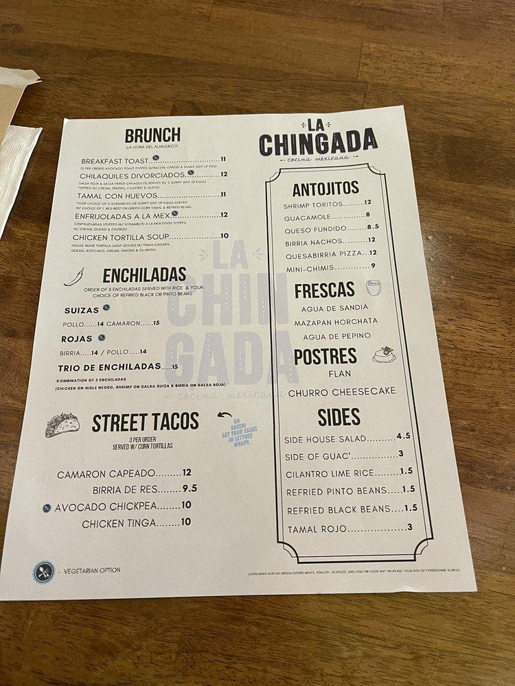 Carta del restaurante La Chingada, Tucson