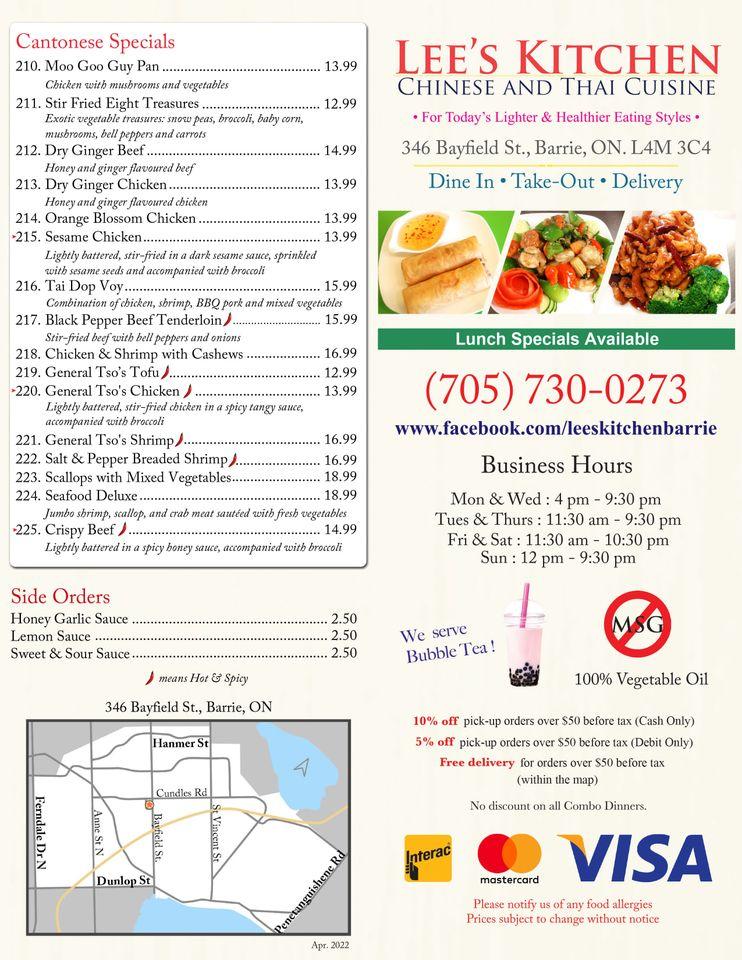 Menu at Lee's Kitchen Chinese & Thai Cuisine restaurant, Barrie