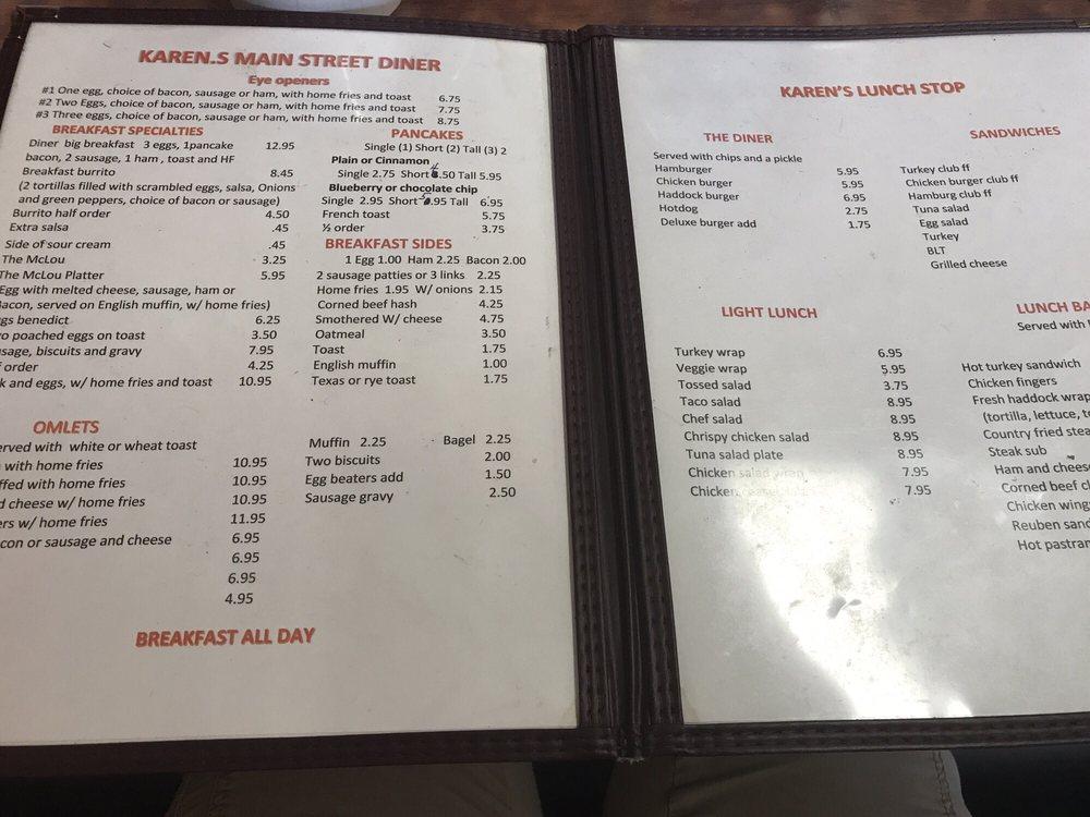 Menu at Karen's Main Street Diner restaurant, Calais