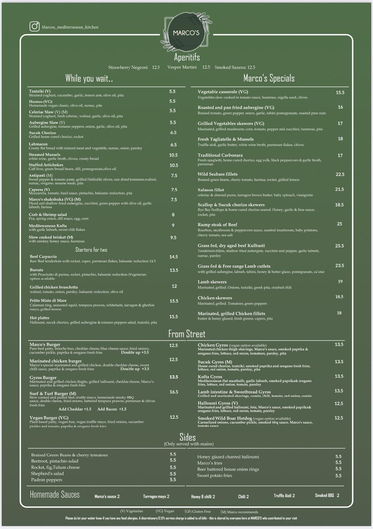 Carta del restaurante Marco's, Rye