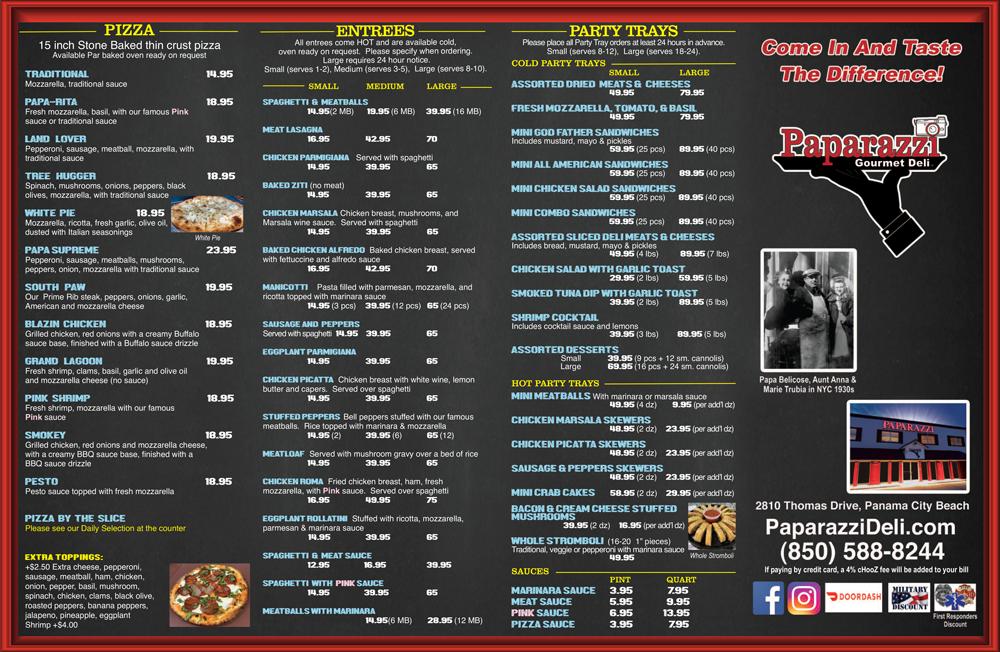 Menu at Paparazzi Gourmet Deli pizzeria, Panama City Beach