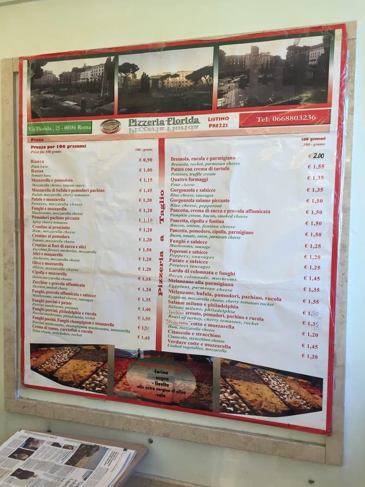 Menu at Pizza Florida pizzeria, Rome