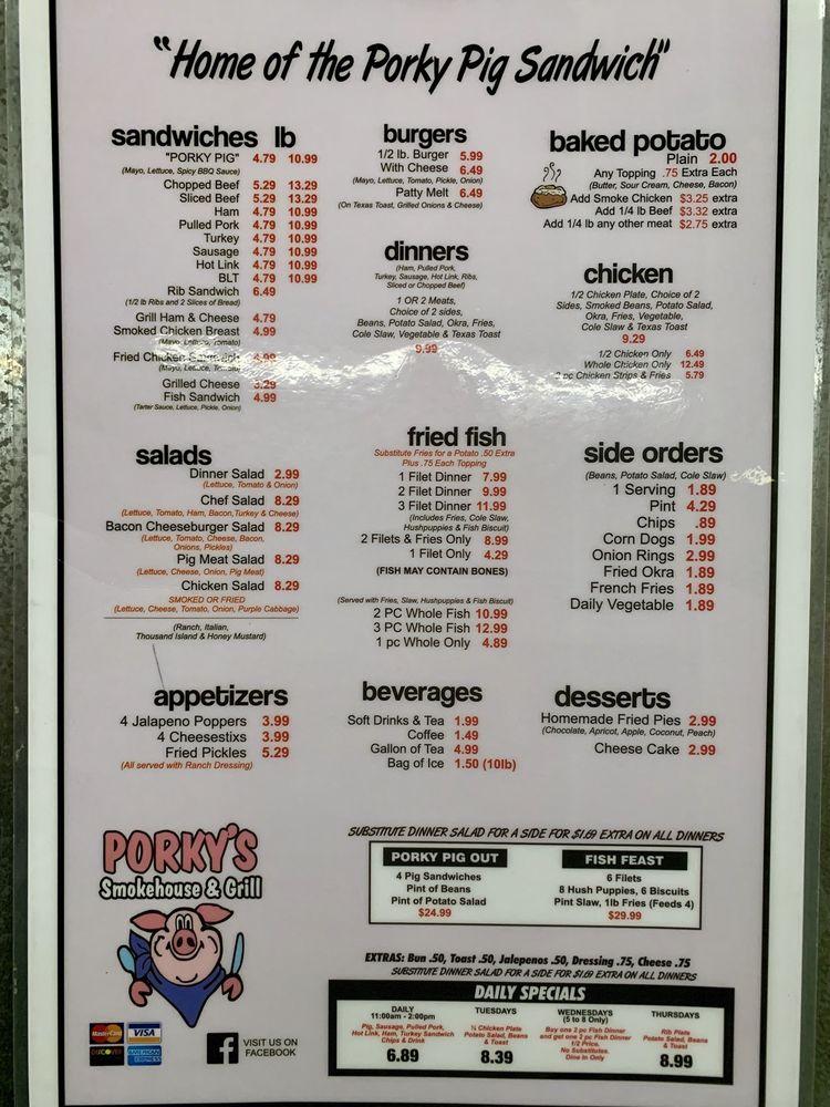 Menu at Porky's Smokehouse & Grill restaurant, Marshall