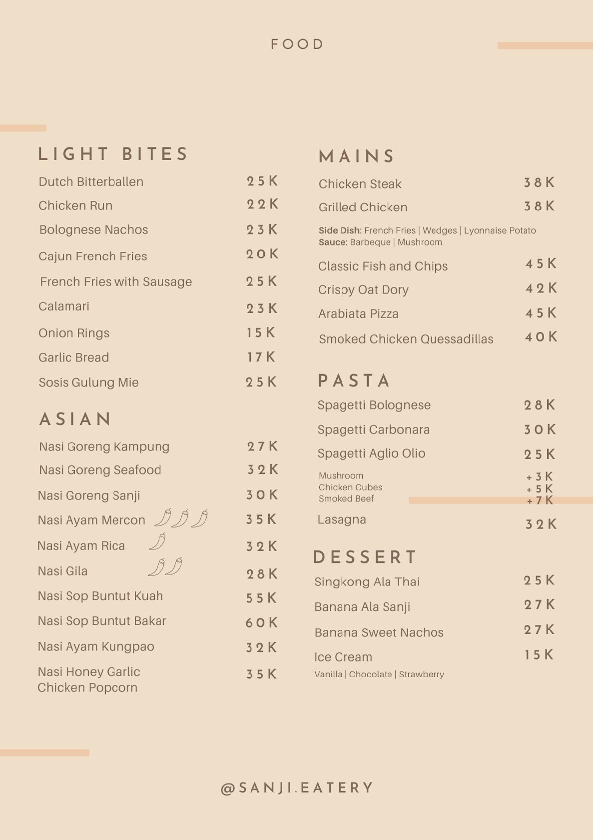 Menu at Sanji Eatery cafe, Bandung