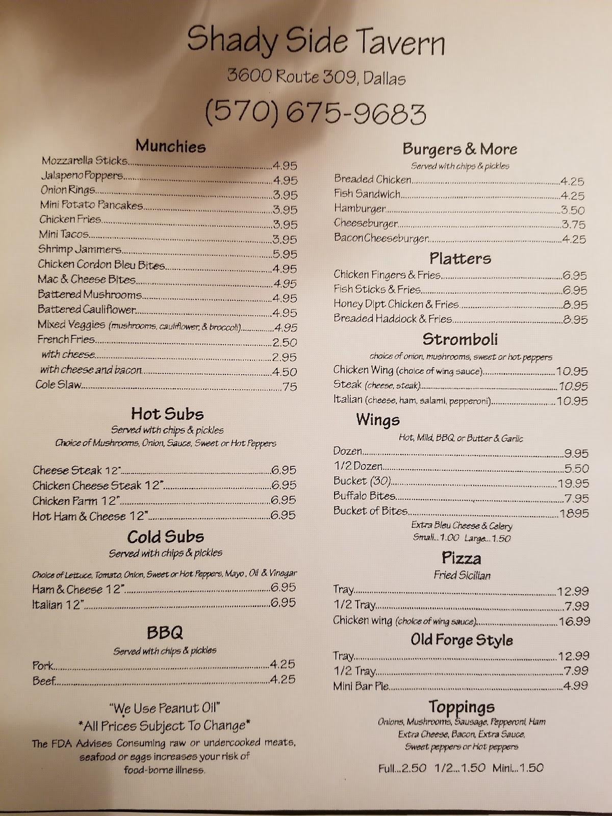 Menu at Shady Side Tavern pizzeria, Dallas, PA-309