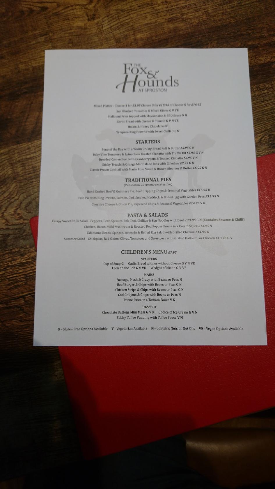 Menu at The Fox and Hounds pub & bar, Holmes Chapel