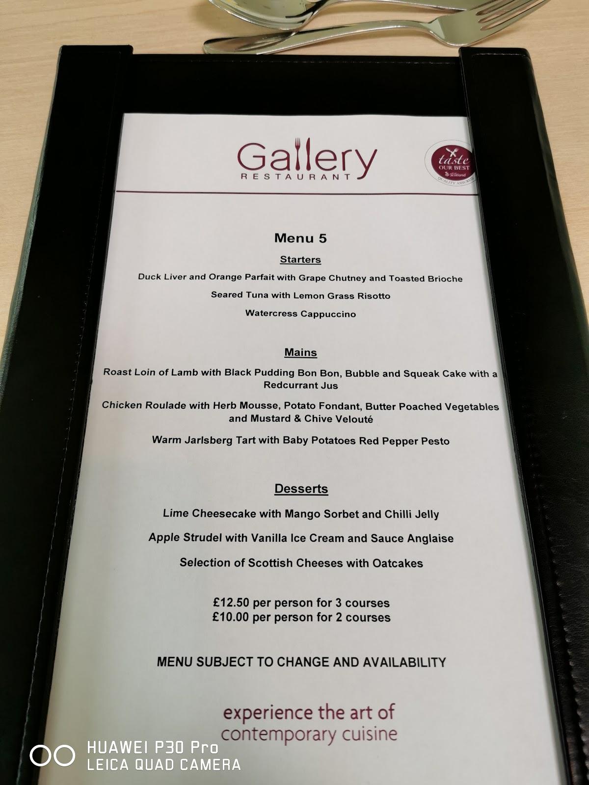 Menu at The Gallery Restaurant, Stirling