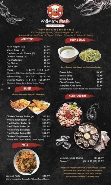 Menu at Volcano Crab restaurant, Colonial Heights